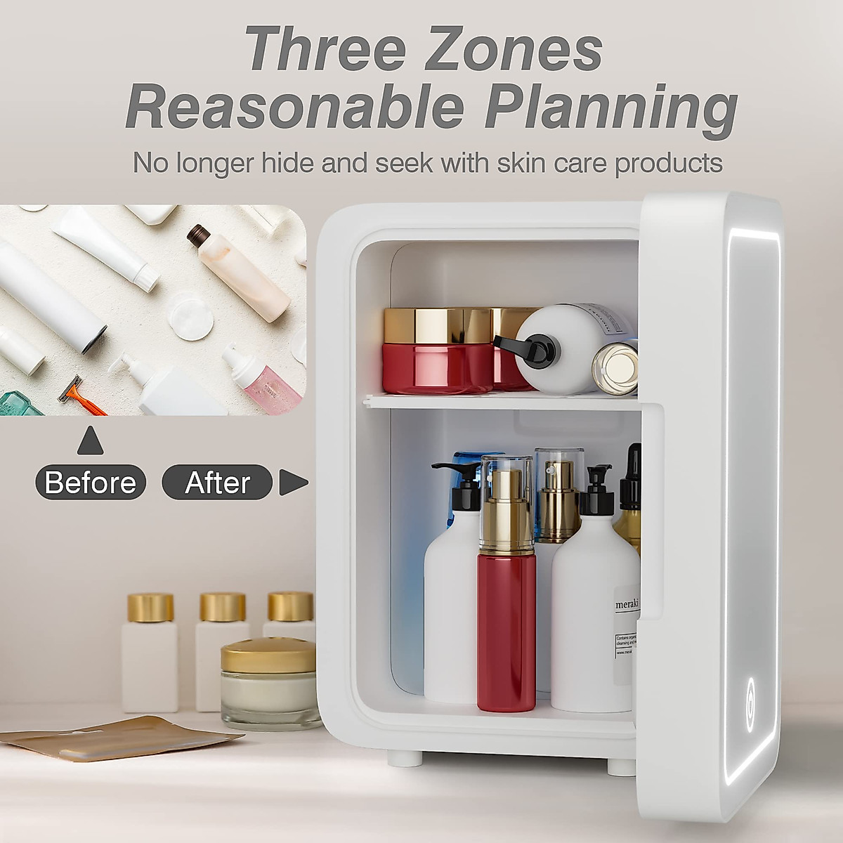 Easy-Take Skincare Fridge - Mini Fridge with Dimmable LED Mirror (4 Liter/6 Can), Cooler and Warmer, Makeup Fridge for Skincare and Food, Mini Fridge for Bedroom, Office and Car, White