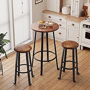 Aiho Bar Table and Chairs Set for 2 with Upholstered Stools, 3 Pieces Pub Table and Chairs, Modern Pub Dining Set for Small Place - Rustic Brown