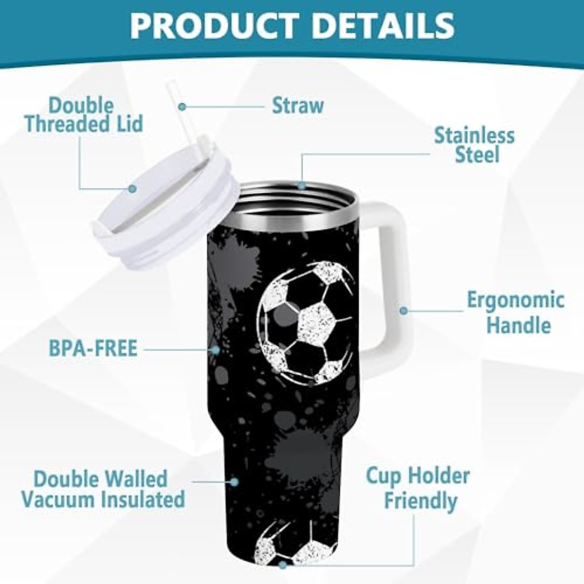 ARGTILDN 40 oz Tumbler Football Sport Soccer Insulated Travel Mug with Handle and Straw Lid Stainless Steel Vacuum Coffee Cup Tea Beverage Container Water Bottles for Car Sports office