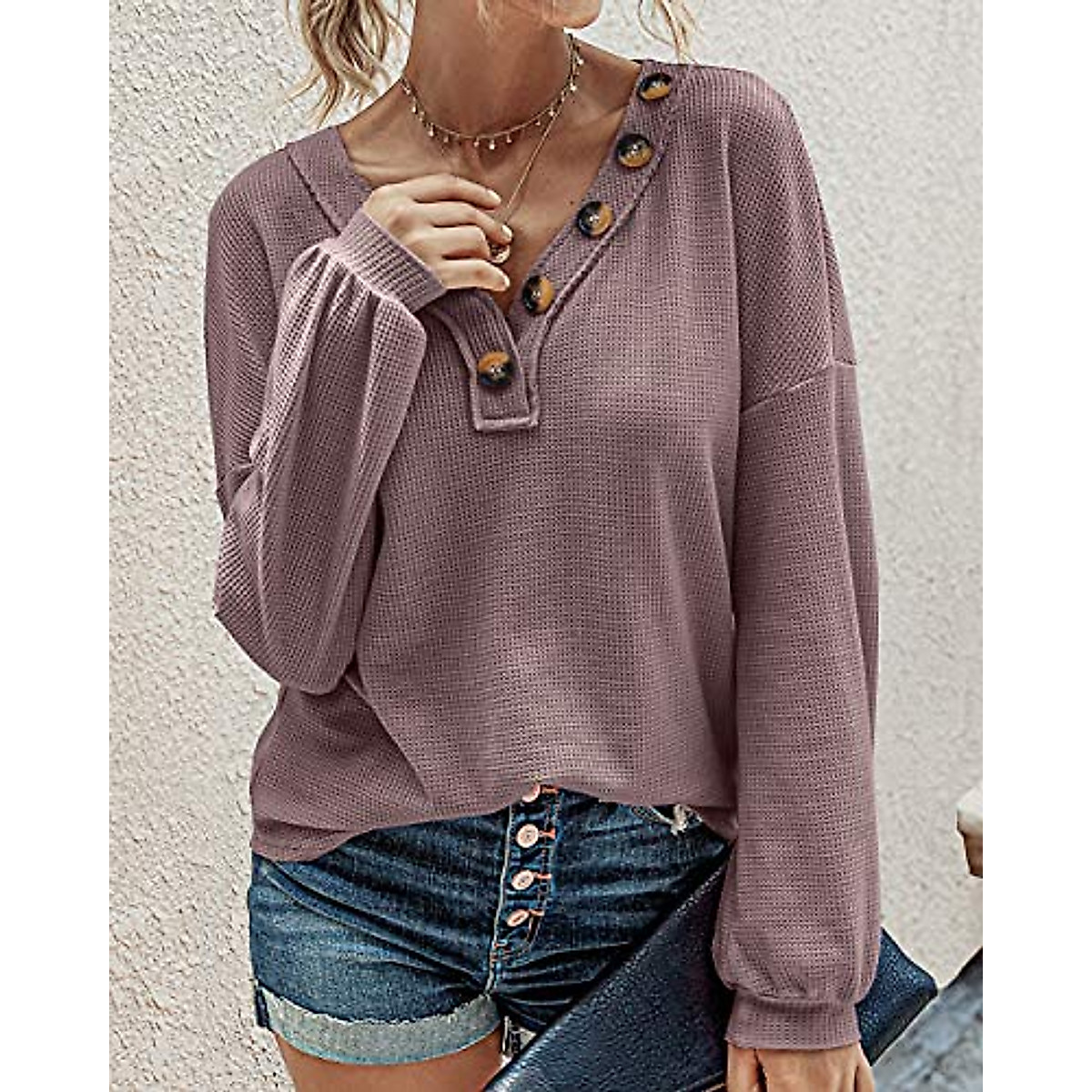 BTFBM Women Waffle Knit Shirts V-Neck Long Sleeve Casual Slouchy Loose Blouses Plain Faux Button Lightweight Pullover (Purple, Large)