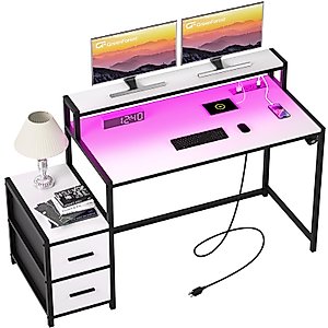 GreenForest Small Desk for Bedroom, 39.4 inch Computer Desk with 2 Drawers, Gaming Desk with LED Light and Power Outlet, Reversible Office Desk with Monitor Stand, Desk for Small Spaces, White