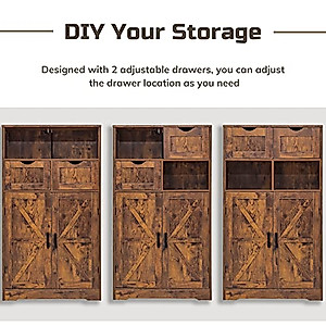 WEENFON Floor Storage Cabinet with 2 Adjustable Drawers & 2 Barn Doors, Standing Cupboard with 2 Shelf, for Living Room, Home Office, Kitchen, Rustic Brown