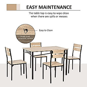 HOMCOM Rustic Industrial 5-Piece Dining Table Set Black Metal with 4 Chairs for Kitchen, or Dining Room, Oak