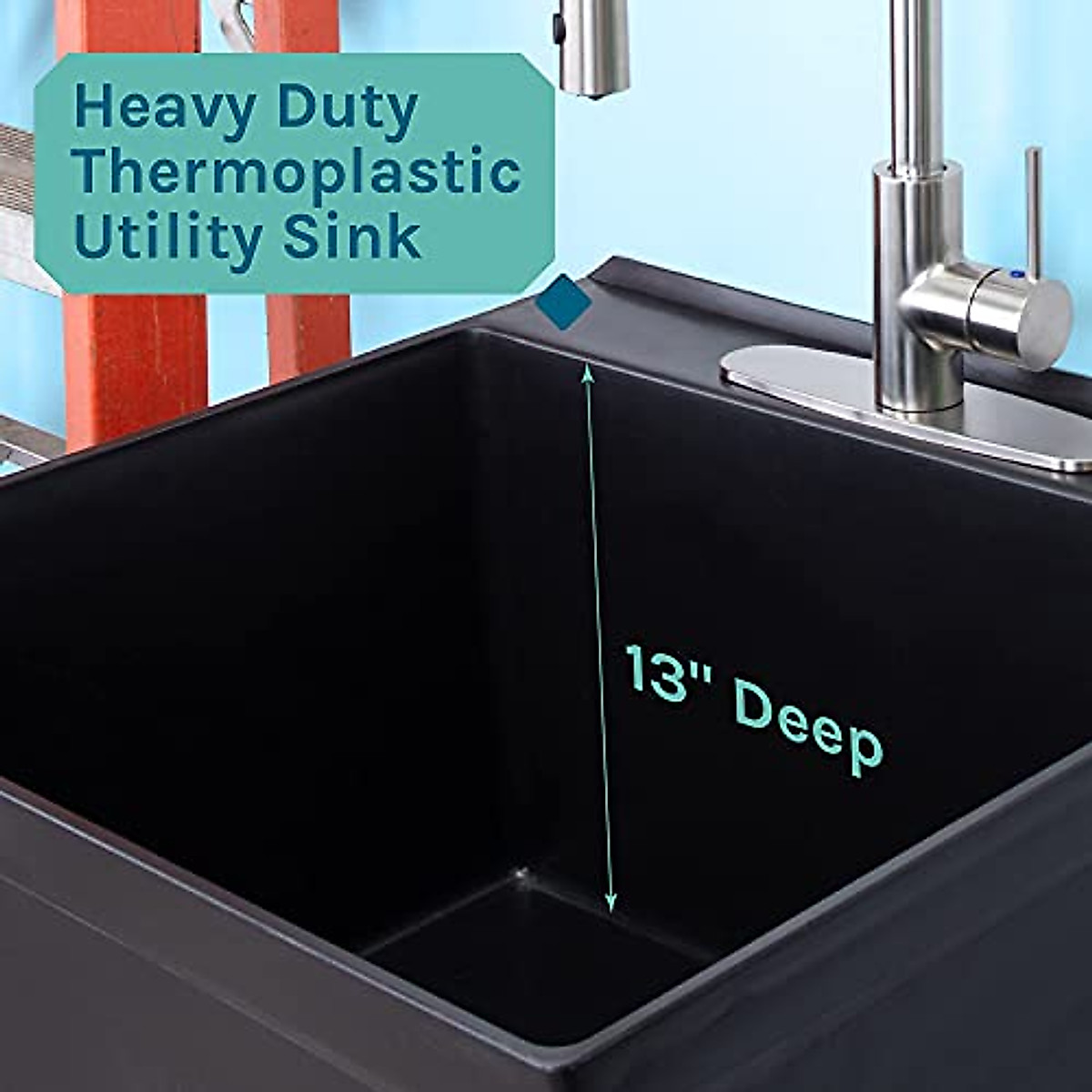 Utility Sink Extra-Deep Laundry Tub in Black with High-Arc Stainless Steel Coil Pull-Down Sprayer Faucet, Integrated Supply Lines, P-Trap Kit, Heavy Duty Floor Mounted Freestanding Wash Station