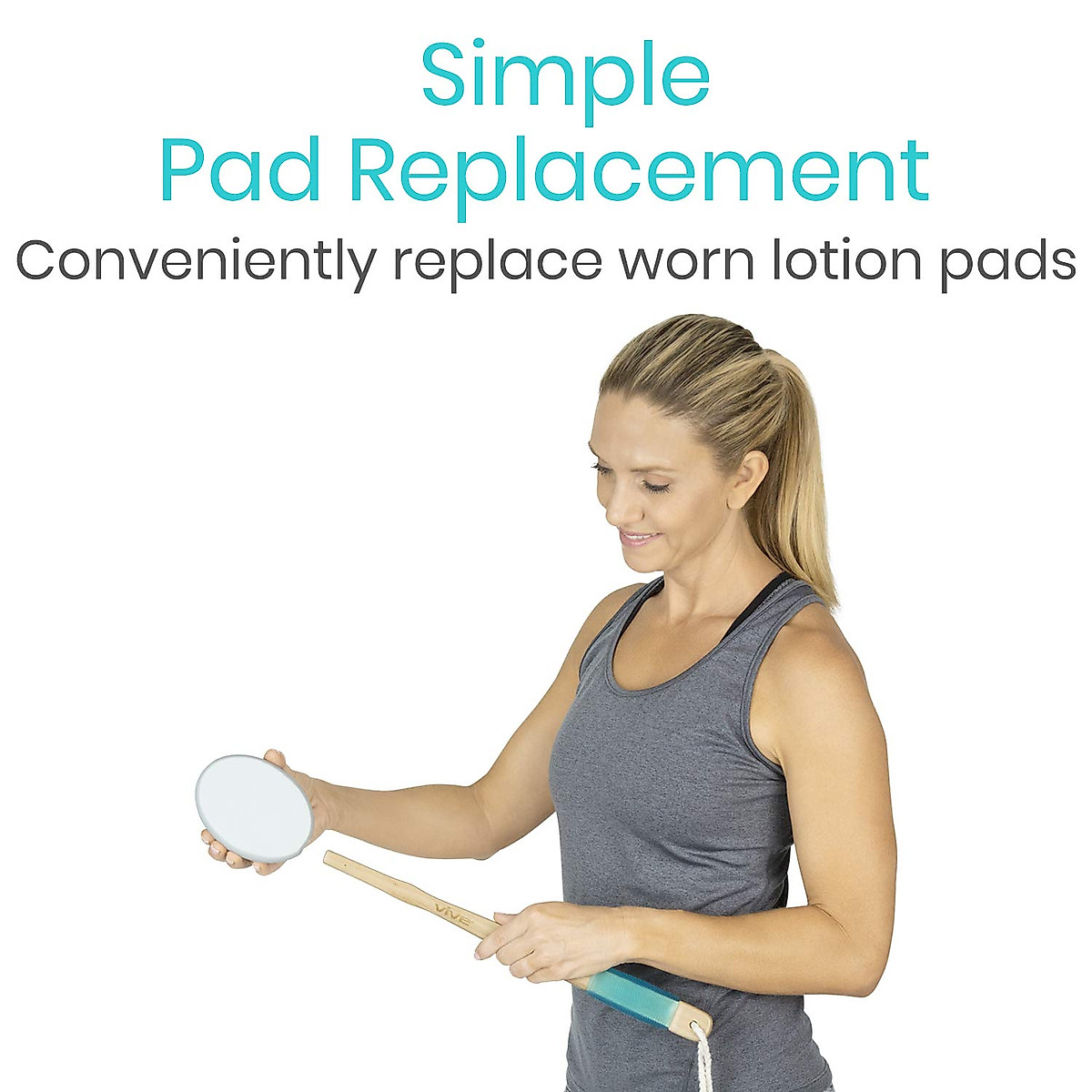 Vive Back Lotion Applicator Replacement Pads (6 Pack) - Long Reach Handle Loofah Sponge Shower Scrubber for Self Application - Body Bath Wash Brush for Skin Cream, Suntan, Tanning, Aloe - Men, Women