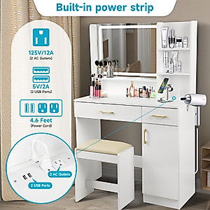 QUALIKRAFT Vanity Set, Vanity Desk with Mirror and Lights, Vanity Desk with Drawers, Vanity with Charging Station, Vanity with Chair, Vanity with Storage, White Vanity, Makeup Vanity，Bedroom Vanity