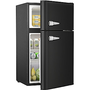 Antarctic Star Mini Refrigerator 3.2Cu.Ft Compact Fridge 2-Double Doors with a Freezer Low Noise Defrost Storage of Beverages Vegetables and Fruits for Home Office Dorm, Emboss Black
