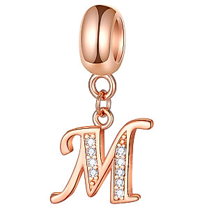 Rose Gold Letter M Charms fits Pandora Bracelet, Initial A-Z Alphabet Beads, 925 Sterling Silver Letra Dangle CZ Necklace Pendant, Gift for First Mothers Day/Valentines
