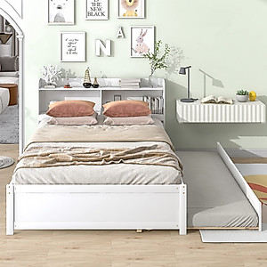 Bellemave Full Bed with Trundle and Bookcase Headboard Wood Platform Beds with Storage and Slat Support for Kids Boys Girls Teens, White