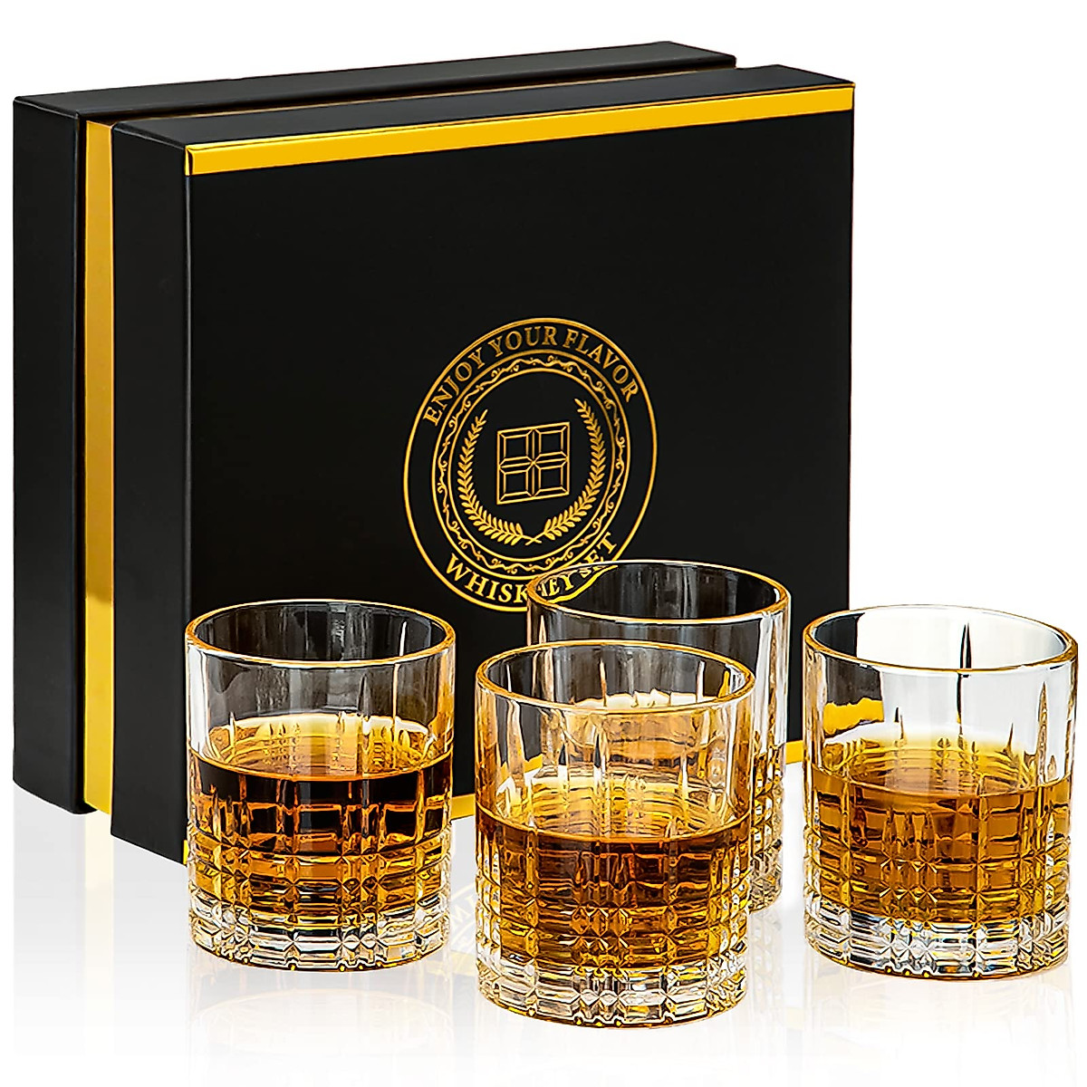 Whiskey Glasses Set of 4, Old Fashioned Glass 10 Ounce Crystal Glasses Gift Box for Men Women, Rock Tumblers for Bourbon, Scotch, Cognac, Brandy, Rum, Liquor, Cocktails