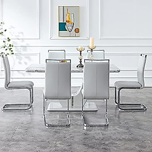 Maotifeys Grey Marble Dinner Table Set for 6 Mid-Century Rectangular Dining Room Table and Chair Set 7-Piece Kitchen Table Set with a Faux Marble Dining Table and 6pcs Light Grey PU Leather Chairs