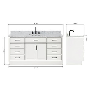 ARIEL 67" White Bathroom Vanity, 1.5" Edge Italian Carrara Marble Countertop & Splash, Single Rectangular Sink, 2 Soft Closing Doors, 9 Full Extension Dovetail Drawers, Toe Kick, Matte Black