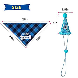 AIITLE Dog Birthday Bandana, Plaid Scarf and Reusable Dog Boy Birthday Party Hat with Number, Small Medium Dog Cat Pet Birthday Party Supplies Blue