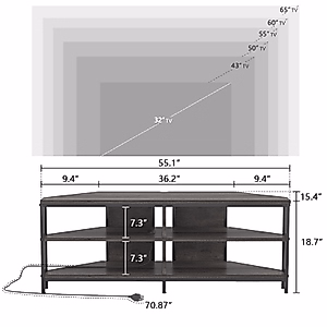 MUTUN Corner TV Stand with Power Outlet, Corner TV Stand for 32 43 50 55 60 Inch TV, Corner Entertainment Center, Industrial TV Console Table for Living Room Bedroom, 55 Inch, Grey Oak