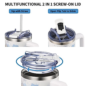 THILY 40 oz Stainless Steel Tumbler with Handle - Vacuum Insulated Travel Cup, Splash-Proof & Leakproof Lid, 2 Straws & Brush | Keeps Cold 34H/Hot 12H, Cupholder Friendly, Coastal Breeze