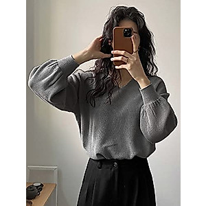 SweatyRocks Women's Lantern Long Sleeve Drop Shoulder Sweater V Neck Ribbed Knit Pullover Top Dark Grey S