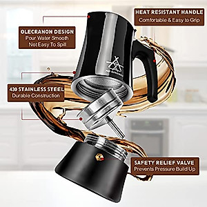 Alocs Stovetop Espresso Maker, Italian Coffee Maker Moka Pot for Classic Mocha & Cuban Coffee, Stainless Steel Greca Coffee Maker, Cafeteras, Brews 9 Espresso Cups (15.2 Oz) in Stylish Black