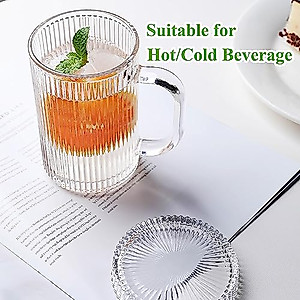Qipecedm Clear Glass Coffee Mug with Lid, 13 oz Classic Vertical Stripes Coffee Cups, Premium Glass Tea Mug for Hot/Cold Beverages, Ribbed Drinking Glassware Set for Latte, Cappuccino, Tea and Juice