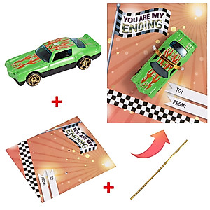 ThinkMax Valentins Day Cards for Kids with 28 Pack Mini Die-Cast Metal Cars, Valentines Classroom Gift Exchange Party Favor Supplies for Boys Girls.