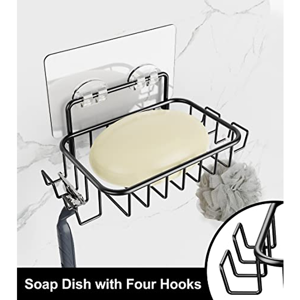 Purdaz Corner Shower Caddy Shelf Organizer with Soap Dish, Rustproof Bathroom Basket with 8 Hooks, Adhesive No Drilling, Black