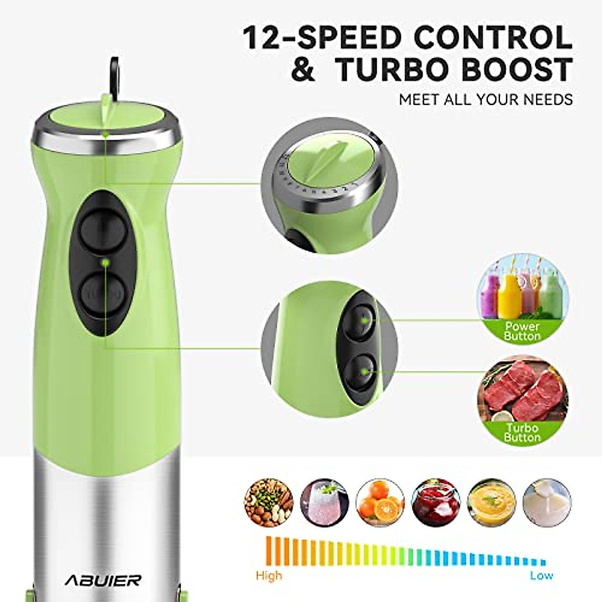 Immersion Blender Handheld 5 in 1 Hand Blender, 800W Hand Mixer Stick, BPA-Free 12 Speed and Turbo Mode Handheld Blender 304 Stainless Steel, With 20 oz Mixing Beaker, 17 oz Chopper, Whisk and Milk Frother for Soup, Smoothies, Baby Food, Sauce, Abuler (Gr