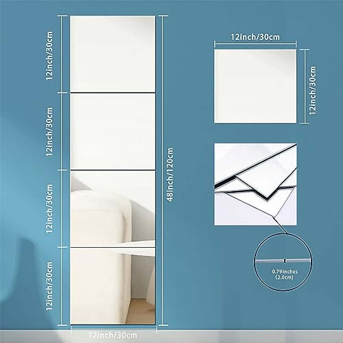 Socokici Shatterproof Full Length Wall Mirror,4Pcs Self Adhesive Acrylic 2MM Thick Mirror Tiles,12" x 12" Flexible Stick on Mirror,Non Glass Safety Mirror for Gym,Bedroom,Door,Bathroom