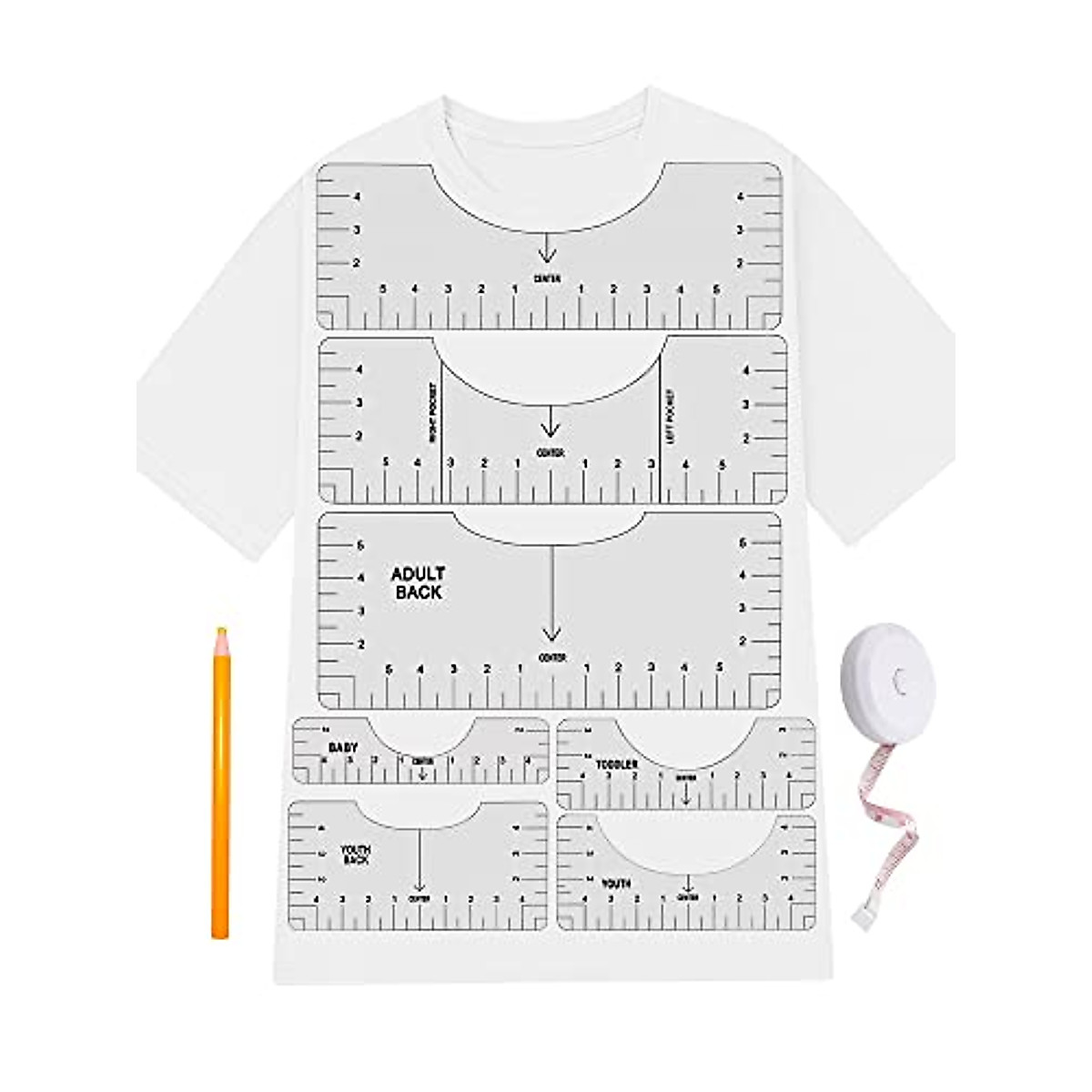 9 Pcs Tshirt Ruler Guide for Vinyl Alignment and Sublimation Blanks,Craft Sewing Supplies Accessories Tools for Heat Press HTV Heat Transfer Vinyl (Transparent)