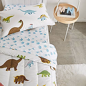 UOZZI BEDDING 4 Pieces Toddler Bedding Set Dinosaur White Includes Comforter, Flat Sheet, Fitted Sheet and Pillowcase