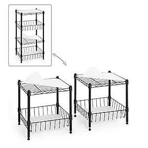 CAPHAUS NSF Adjustable 2 to 4 Tier Stackable Wire Shelving Unit w/Basket & Liner, Storage Corner Shelves, Metal Storage Rack for Kitchen, Bathroom, Laundry Closet, Wire Shelving Basket Shelves Black