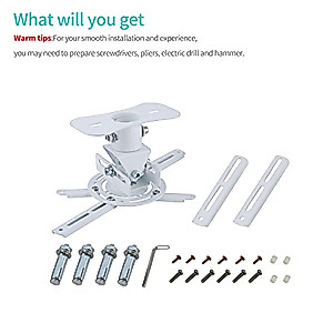 Tuimen Projector Mount, Universal Low Profile Projector Ceiling Mount with Extendable Arms and Adjustable Projection Angles Mounting Bracket, White