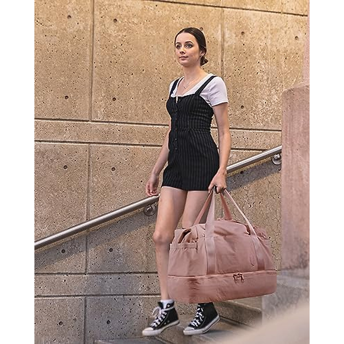 Weekender Bags for Women, BAGSMART Travel Duffel Bags with Shoe Compartment,Personal Item Travel Bag for Airlines, Carry on Overnight Tote Bag with Toiletry Bag, Black, Dark Pink-M-2PCS