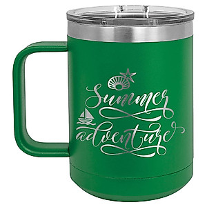 SUMMER ADVENTURE Green 15 oz Coffee Cup w/Slide Top Lid | Insulated Travel Coffee Mug | Birthday Or Christmas Gift Ideas From Women or Men | Compare To Yeti Rambler | ONLYGIFTS.COM