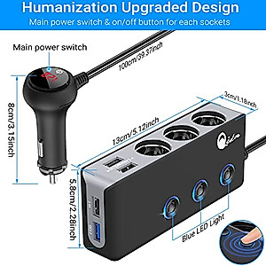 Quick Charge 3.0 Cigarette Lighter Splitter, Qidoe 3 Socket 180W Cigarette Lighter Adapter with 4 USB Fast Charging, DC 12V/24V Cigarette Outlet LED Voltmeter Independent Button for All Car Devices