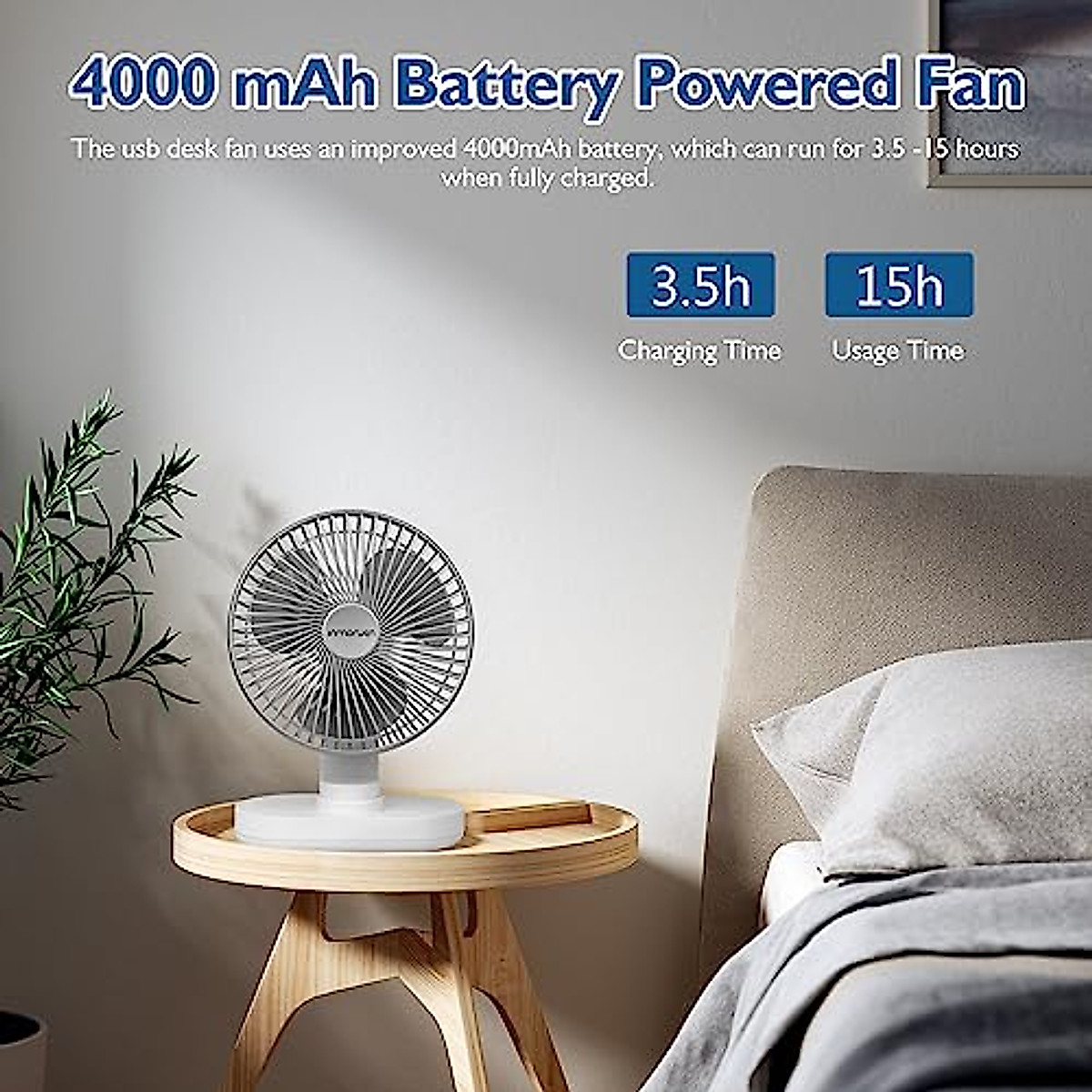 CONBOLA Small Oscillating Desk Fan Portable Table Fan Rechargeable USB Battery Powered Quiet Personal Fan Dual Adjustable Angle Desktop Air Circulate Fan with 4 Speed for Home Office Travel Outdoor