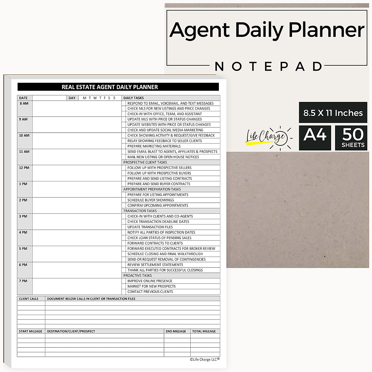 Real Estate Agent Supplies - Daily Planner Task List Notepad. Simple one page document with calendar, task lists, call and mileage log. Keep organized & focused on selling real estate. 8.5 X 11