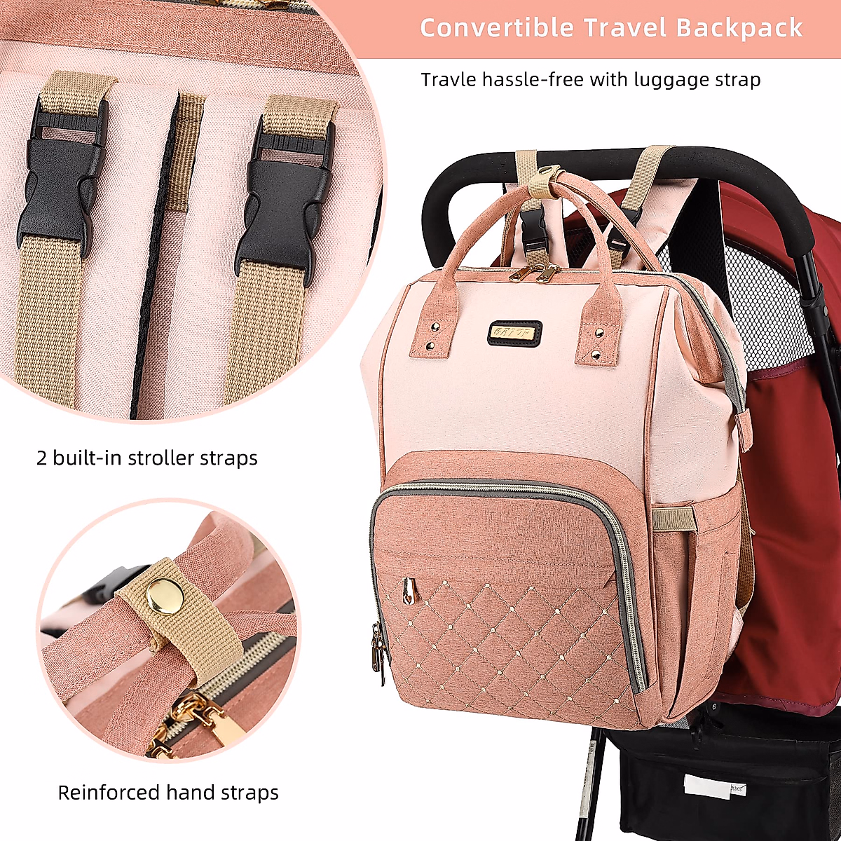 Diaper Bag Backpack, Diaper Bags For Baby Girls Boys, Baby Bags For Moms Dads, Baby Nappy Changing Bag With Insulated Pockets,Multi-Functional Waterproof Backpack With Stroller Straps -Pink light pink