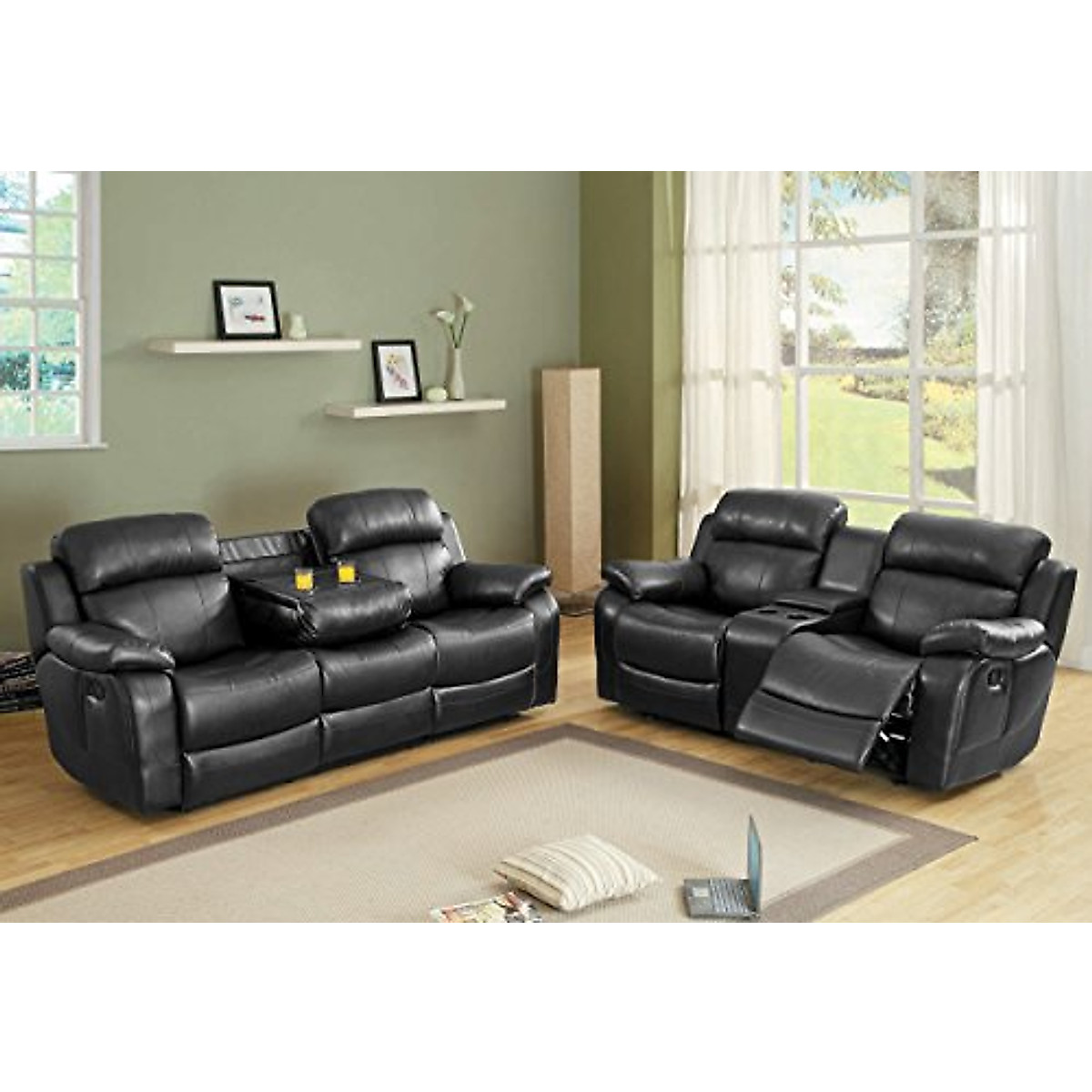 Homelegance Marille Reclining Sofa w/ Center Console Cup Holder, Black Bonded Leather