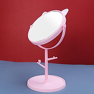 Desk Mirror in Cute Cat Ears Shape Practical Desktop Makeup Mirror Portable with Folding Stand Round Makeup Mirror Stand Up Desk 360 Circular Rotation Cute Circle Mirror for Bedroom Bathroom