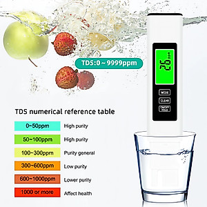 TDS Meter Digital Water Quality Tester,EC Meter & Temperature Meter 4 in 1,for Ro-Rodi System Drinking Water,Water Quality Tester 0-9990 PPM Measuring Range,1 PPM Increments（White）