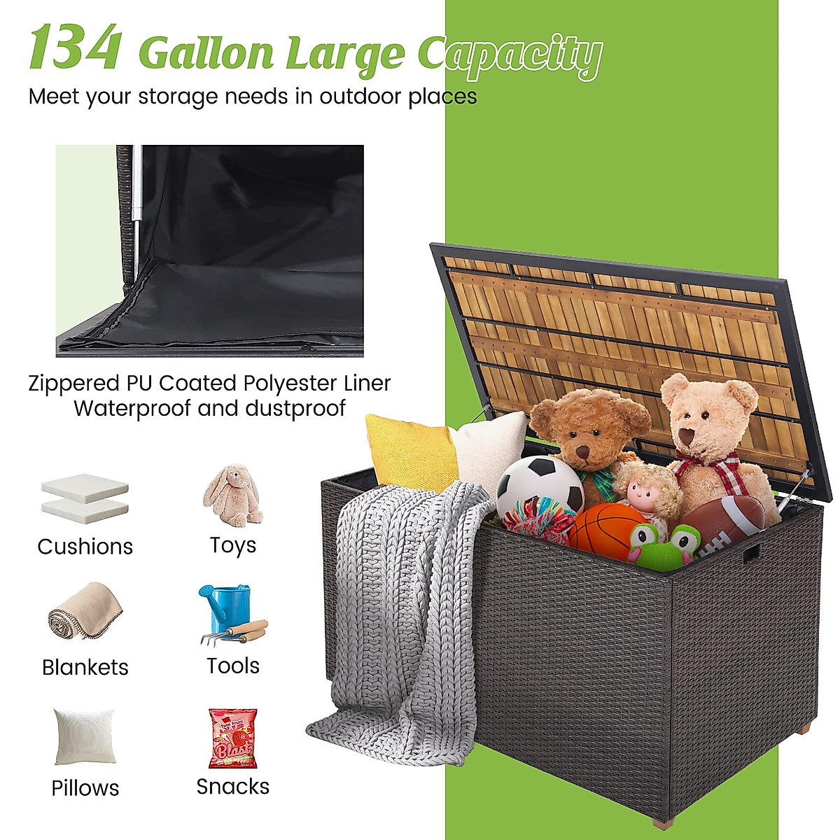 HAPPYGRILL 134 Gallon Rattan Deck Box, Patio Wicker Storage Box with Zippered Liner, Solid Acacia Wood Top & Feet, Effort-Saving Pneumatic Rod, Outdoor Storage Container for Porch Backyard