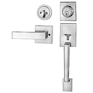 Azdele Satin Nickel Front Door Handle with Deadbolt and Lever Set, Modern Front Door Lock Set, Door Handle with Single Cylinder Deadbolt for Exterior Door, Reversible for Right&Left Handed