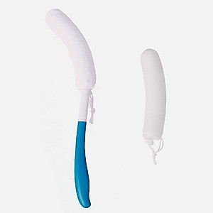 MagiDeal Vinyl Quote Me Long Anti-Slip Curve Handled Bath Body Brush, Easy Reach for Seniors, Suitable for Elderly/Pregnant Aid Bathing & Shower, Blue, 15.35"