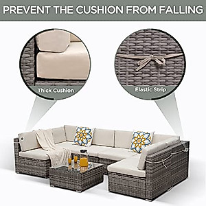 SUNVIVI OUTDOOR 7 Piece Patio Sectional Grey Wicker Furniture for Backyard, Garden with String Beige Cushions, Clips, Coffee Table
