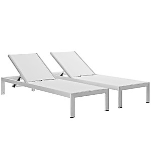 Modway Shore Aluminum Textilene® Mesh Outdoor Patio Two Poolside Chaise Lounge Chairs in Silver White