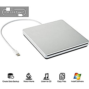 External CD DVD Drive USB C CD DVD Burner/Writer Slim Portable Slot in CD DVD Reader for MacBook Pro/Air/Mac/Laptop/Windows10 (Sliver)
