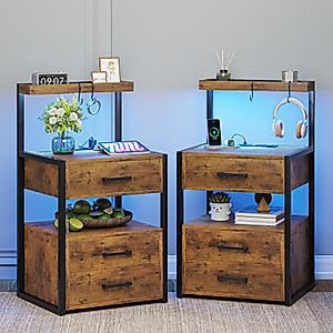 VIAGDO Nightstands Set of 2 with LED Lights, 3 Drawers Night Stands with Charging Station, Rustic Brown Bedside Tables with Storage Shelves, Modern End Side Tables for Bedroom, Office
