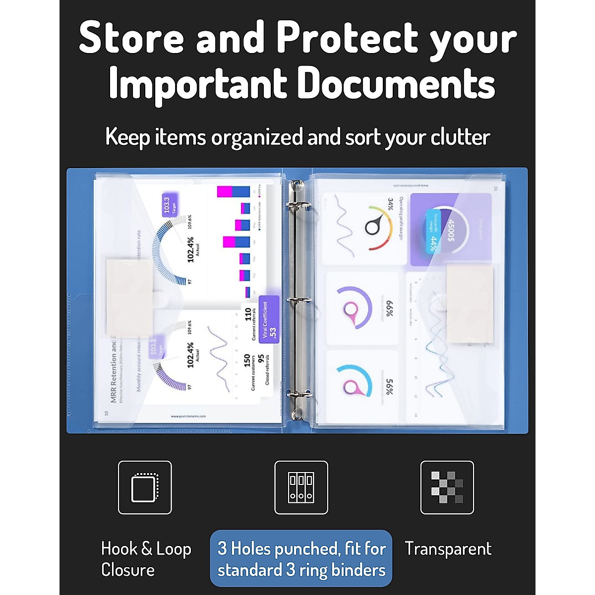 Forvencer Binder Pocket, 10 Pack Super Heavyweight Poly Binder Pocket with Hook and Loop Closure, Binder Folders Side Loading, 3 Ring Binder Pocket, Letter Size, Clear