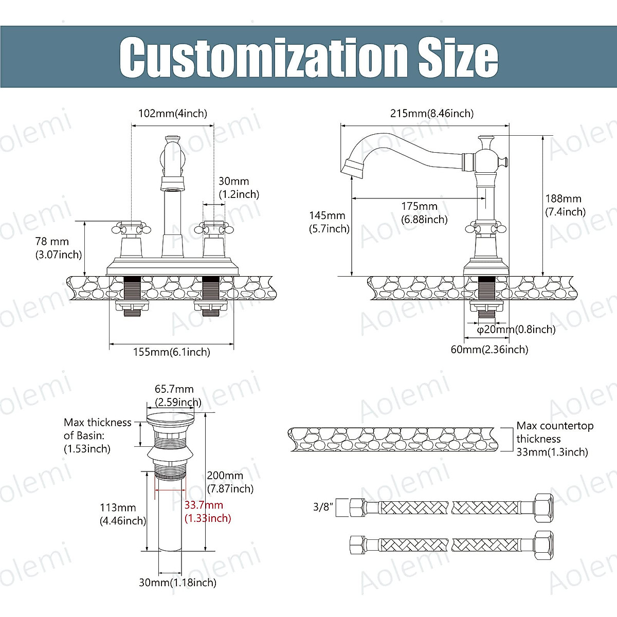 Aolemi Antique Brass 4 Inch Centerset Deck Mounted Bathroom Sink Faucet Vintage with 2 Cross Handles RV Mixer Tap Basin Vanity Lavatory Utility for Sink 3 Hole Include Water Hose & Pop Up Drain
