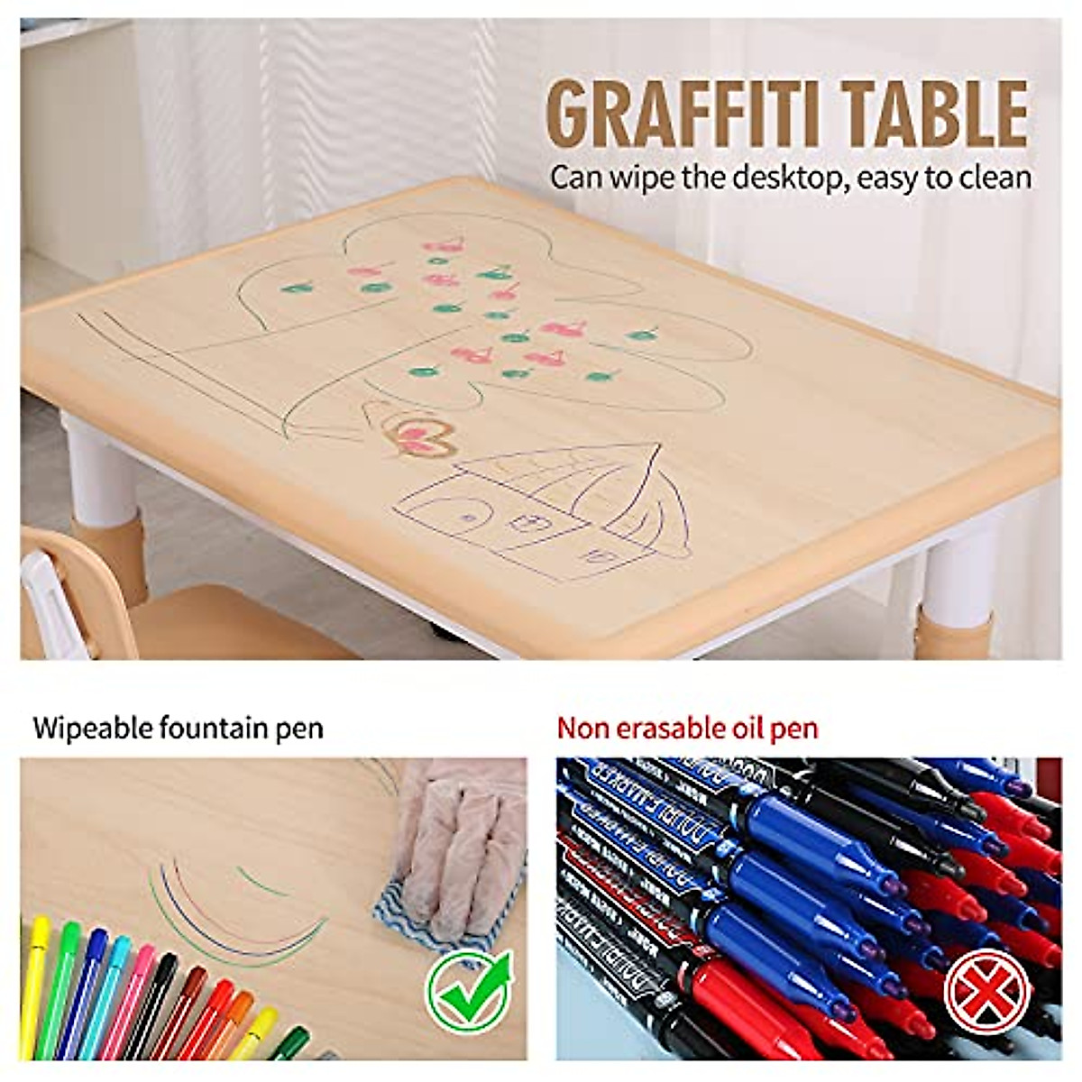 UNICOO - Kids Study Table and Chairs Set, Height Adjustable Plastic Children Art Desk with 2 Seats, Kids Multi Activity Table Set (Maple TOP with Natural Border) BY-60-MN