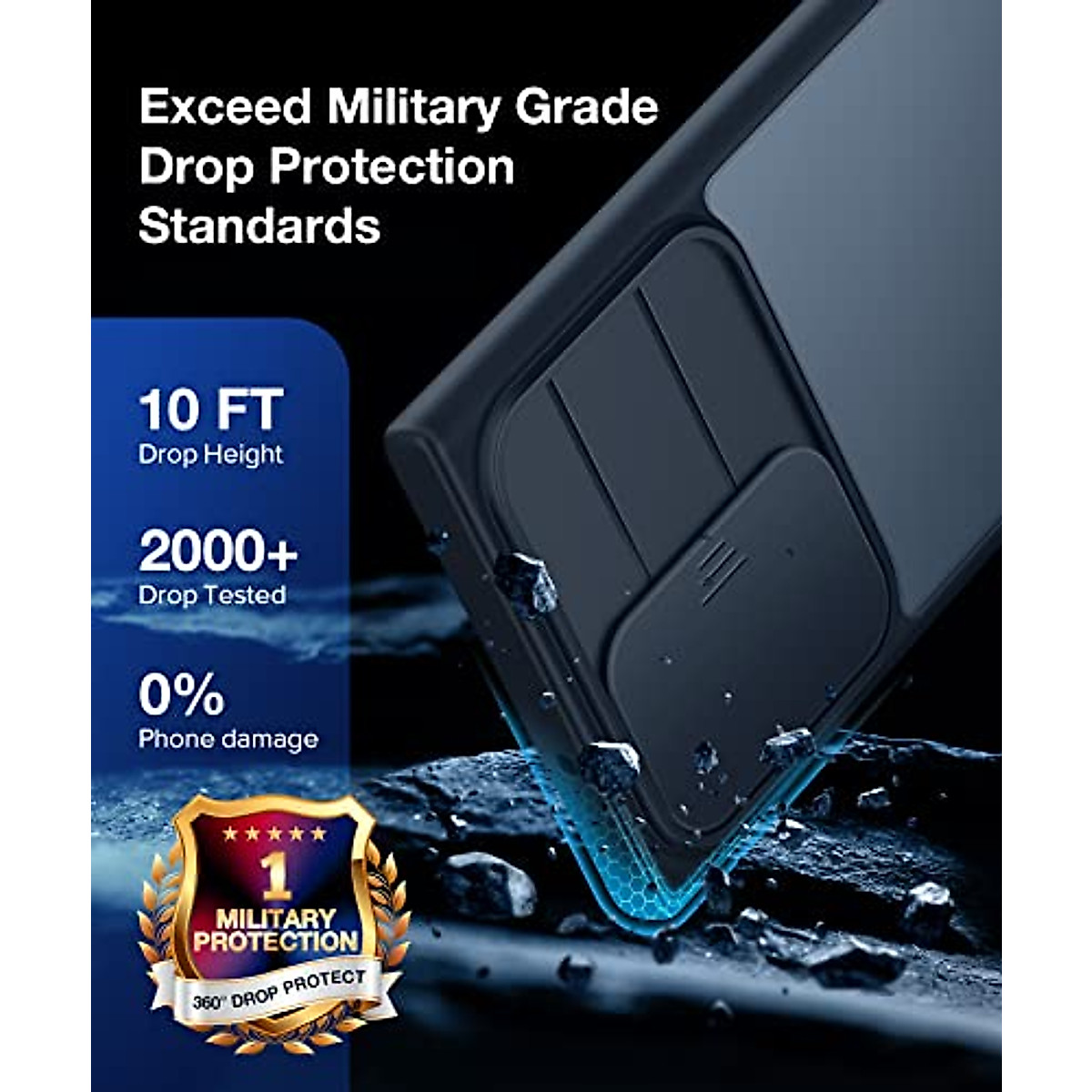 Tongate Compatible with Samsung Galaxy S23 Ultra Case with Slide Camera Cover, [Military Grade Drop Protection] Slim Translucent Matte Back Phone Case for Galaxy S23 Ultra Case 6.8 Inch, Black